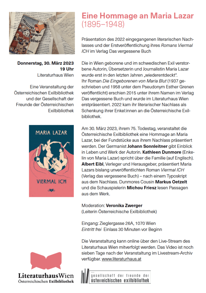 Maria Lazar am 30. März 2023 im Literaturhaus Wien – Das vergessene Buch
